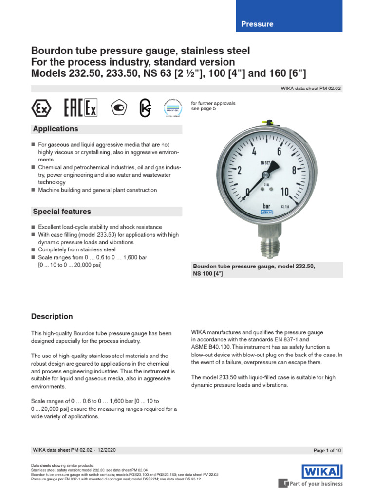 Bourdon Tube Pressure Gauge, Stainless Steel For The Process Industry, Standard Version Models ...