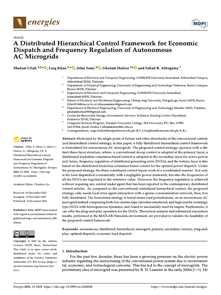 A Distributed Hierarchical Control Framework For Economic Dispatch and ... A Distributed Hierarchical Control Framework For Economic Dispatch and ...