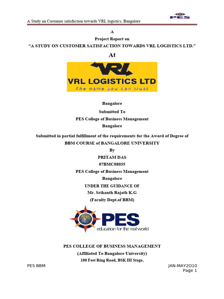 Project On Customer Satissfaction in VRL Logistics | PDF | Logistics | Bus