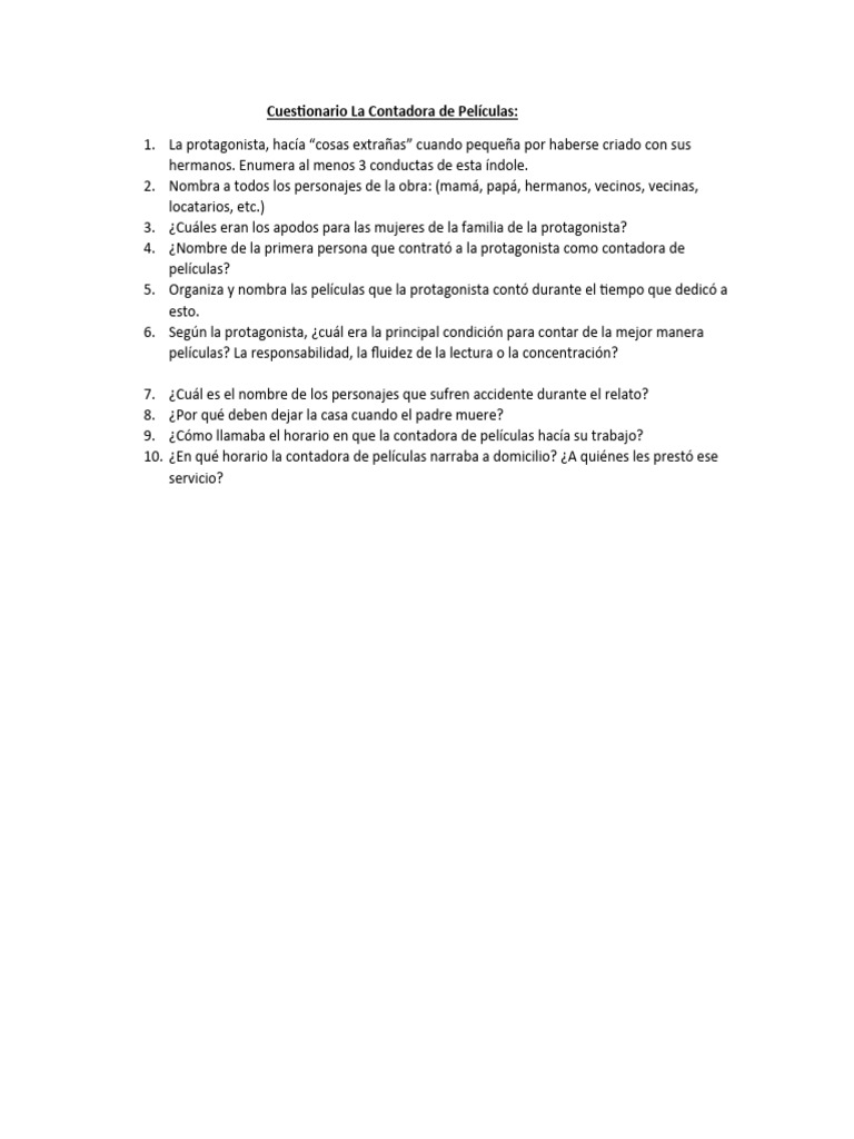 Cuestionario La Contadora de Películas | PDF | Ficción general