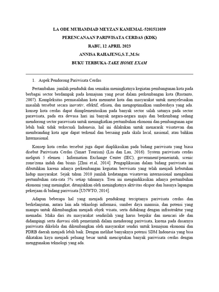 La Ode Muhammad Meyzan Kamemal-5201511039-Uts-Perencanaan Pariwisata Cerdas | PDF