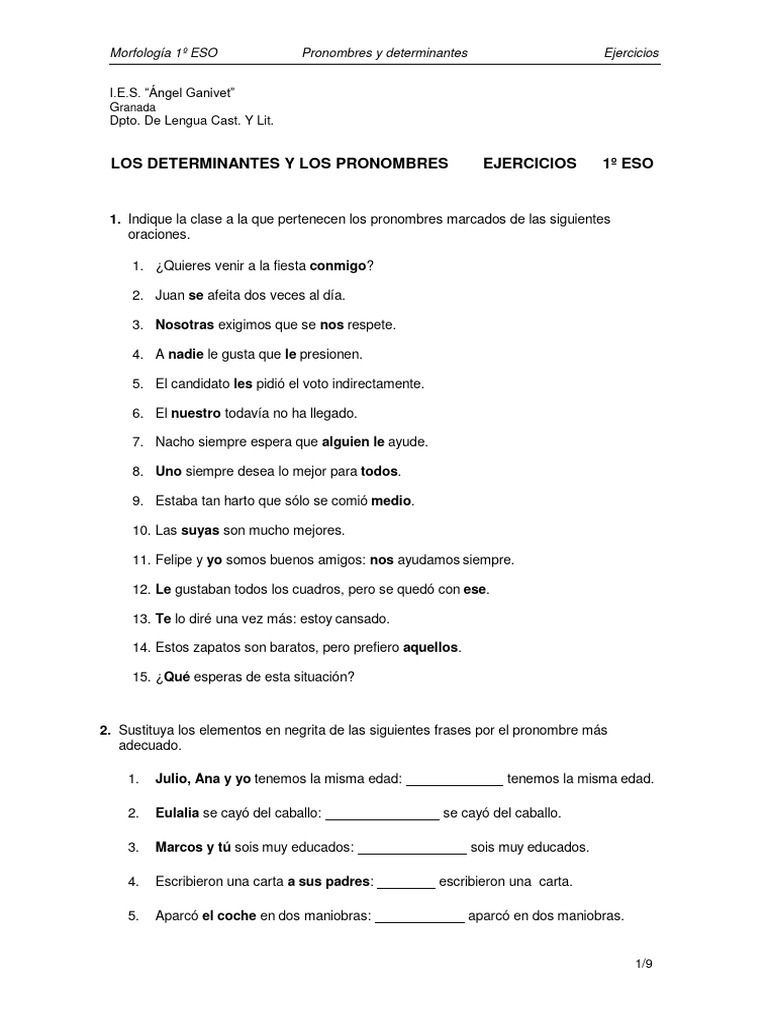 Pronombres y Determinantes - Ejercicios - 1º ESO | PDF | Artes del ...