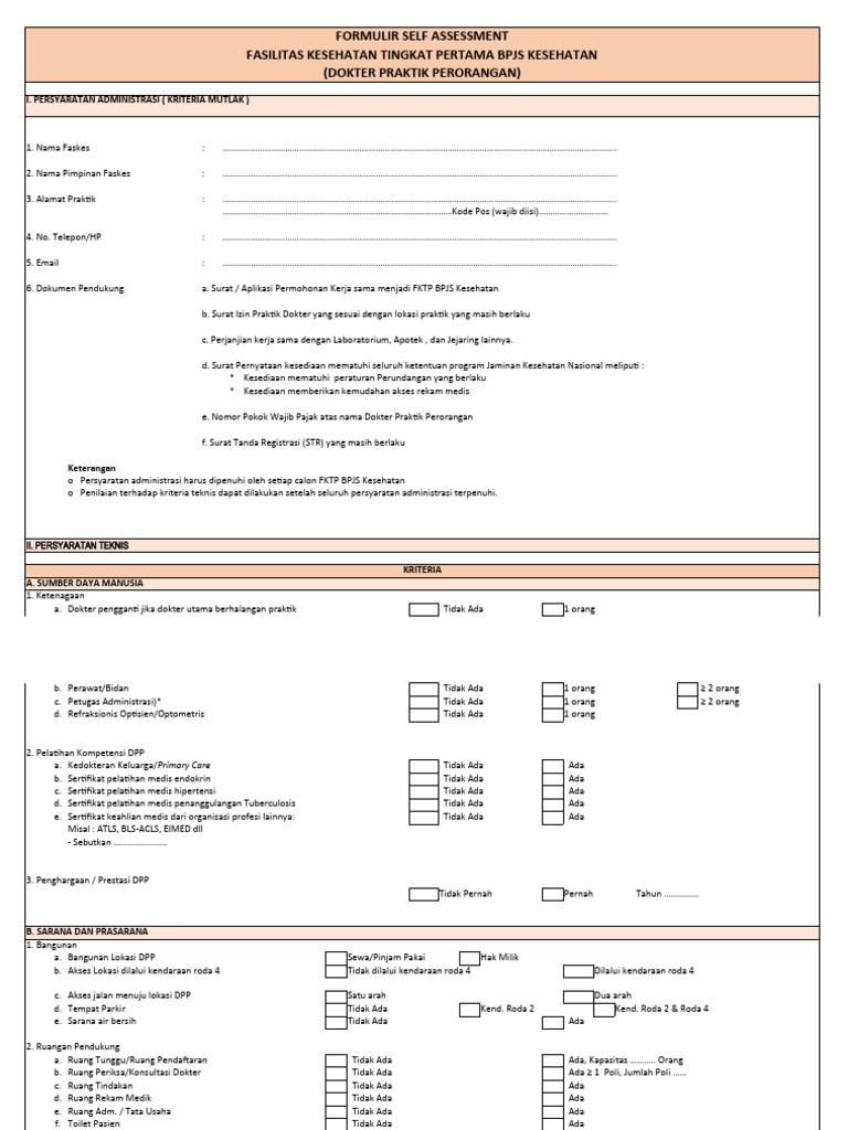 Formulir Self Assessment Pengajuan Calon FKTP Tahun 2022 | PDF