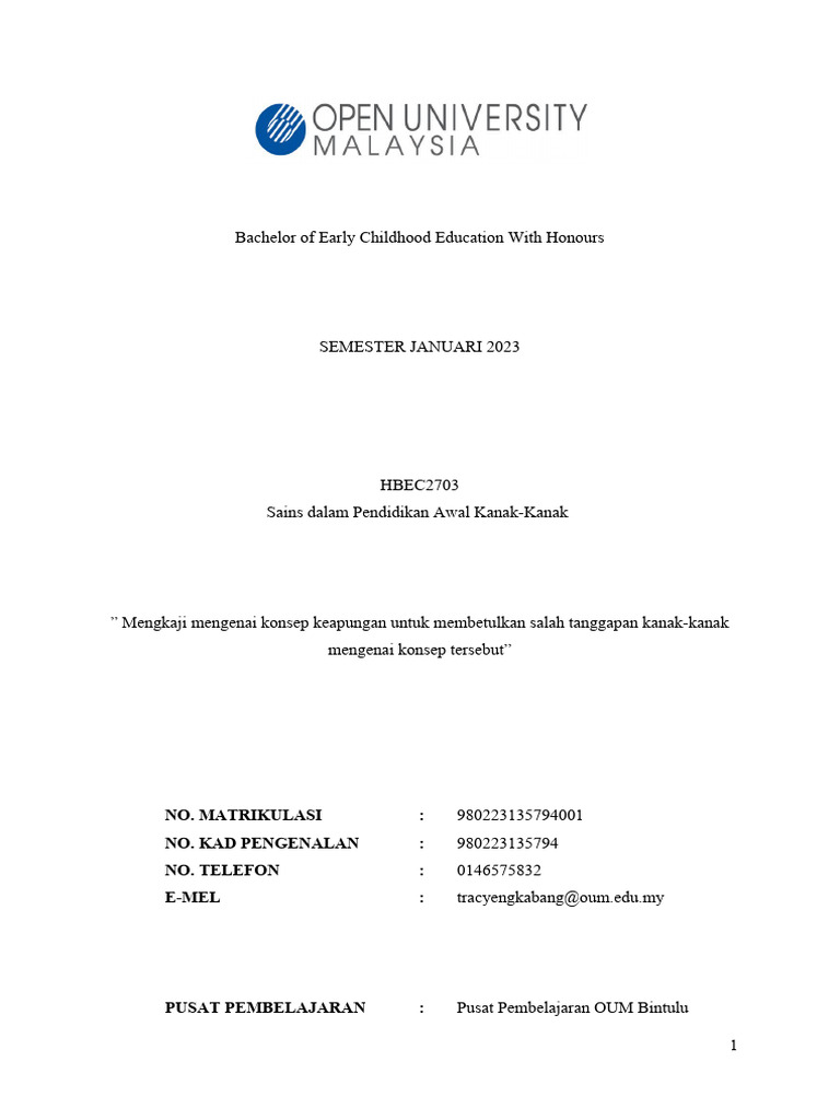 Assigment Hbec2703 Sains Dalam Pendidikan Awal Kanak-Kanak | PDF