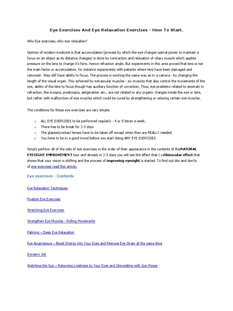 Eye Exercises and Eye Relaxation Exercises | Download Free PDF | Vision ...