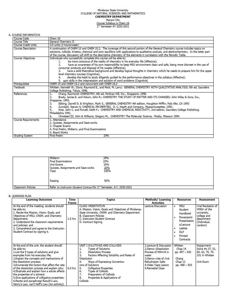Chem 16 Syllabus | PDF