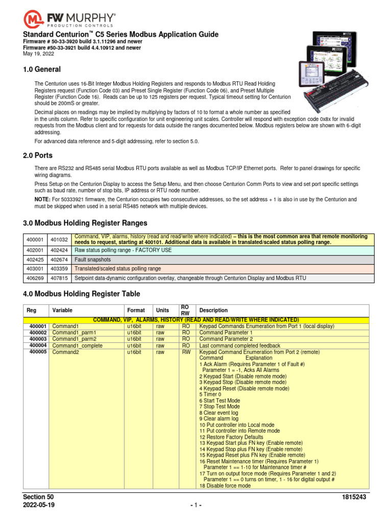Standard Centurion C5 Series Modbus Application Guide: Section 50 1815243 2022-05-19 - 1 | PDF ...