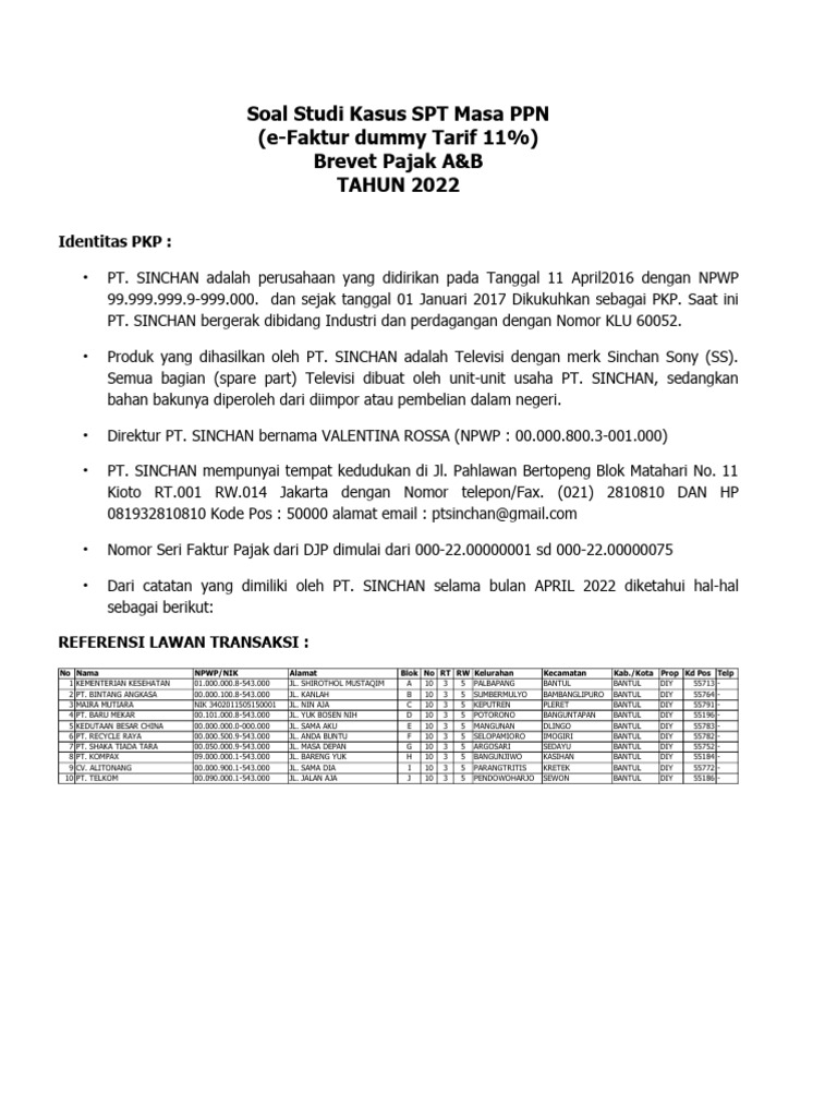 Soal Studi Kasus SPT Masa PPN Pt. Sinchan Ugm 2022 Tarif 11% | PDF | Pengelolaan Keuangan & Uang ...