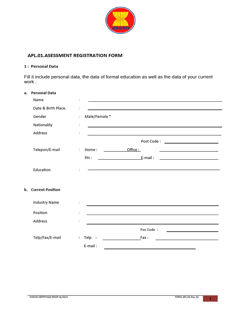 FR. APL 01. Assessment Registration Form | PDF