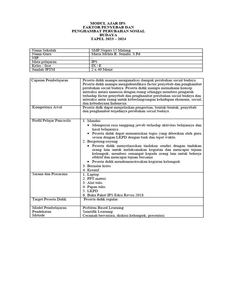 MODUL AJAR IPS IX Nani-1 | PDF