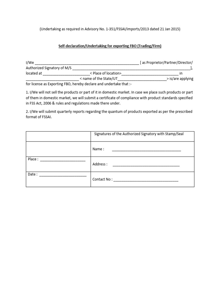 Self Declaration For Exporting FBO | PDF
