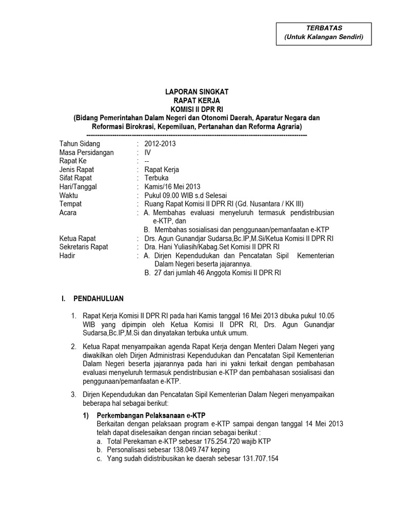 Laporan Rapat Kerja Komisi II DPR RI Dengan Mendagri (Dirjen Dukcapil ...