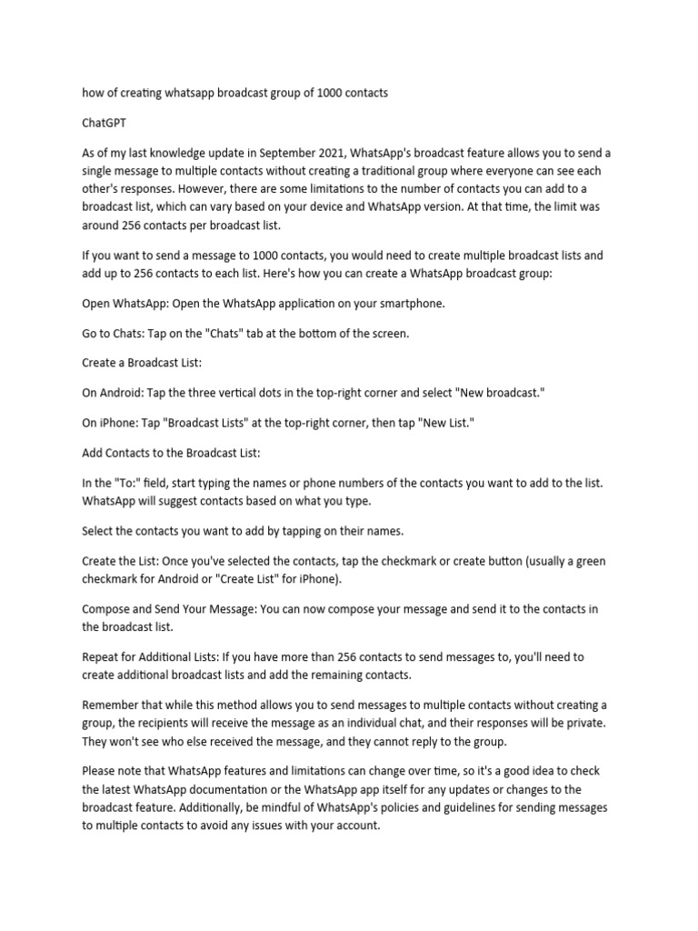 How Of Creating Whatsapp Broadcast Group Of 1000 Contacts Pdf