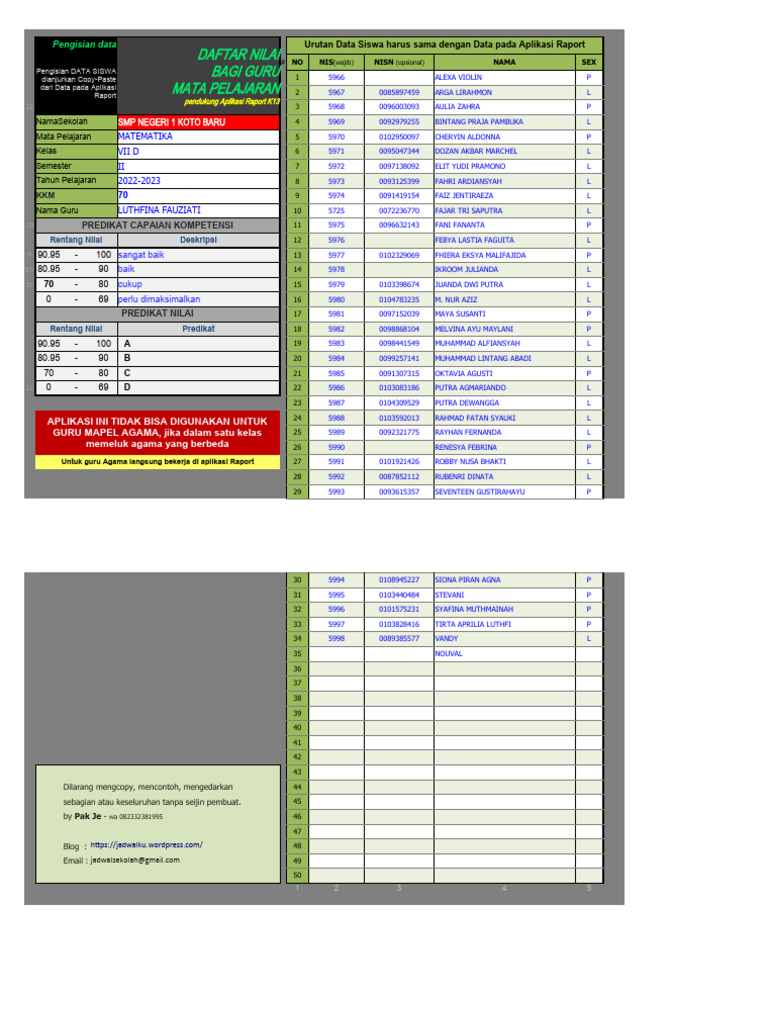 7-D Daftar Nilai Matematika SMT Ii 2022-2023 | PDF