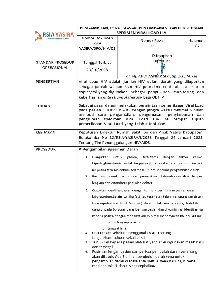 Sop Viral Load Rsia Yasira Bulukumba | PDF