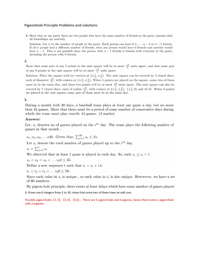 Pigeonhole Principle Problems and Solutions | PDF | Combinatorics | Mathematical Concepts