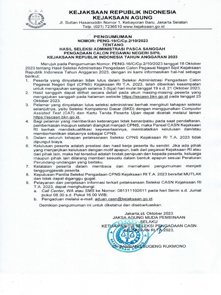 Pengumuman Hasil Seleksi Administrasi Pasca Sanggah Cpns Kejaksaan Ri ... Pengumuman Hasil Seleksi Administrasi Pasca Sanggah Cpns Kejaksaan Ri ...