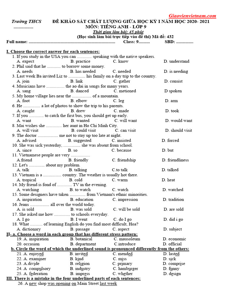 De Thi Giua Hoc Ki 1 Lop 9 Mon Tieng Anh Thi Diem | PDF | Vietnam
