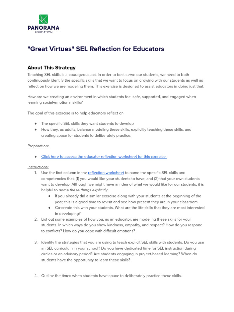 Great Virtues - SEL Reflection For Educators | PDF