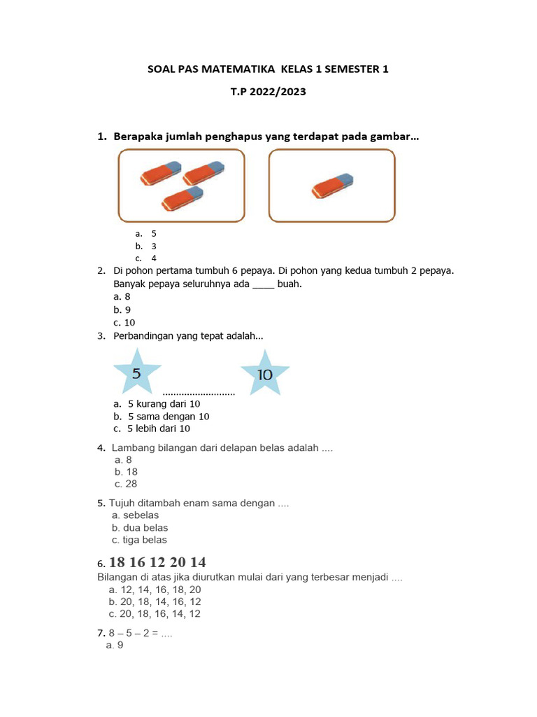 Soal Pas Kelas 1 Semester 1 | PDF