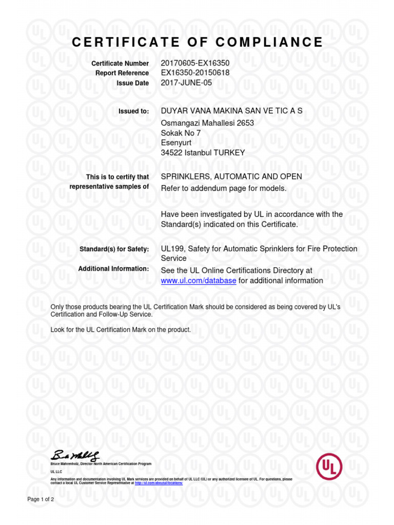 UL Compliance for Duyar Vana | PDF | Firefighting | Fire Protection