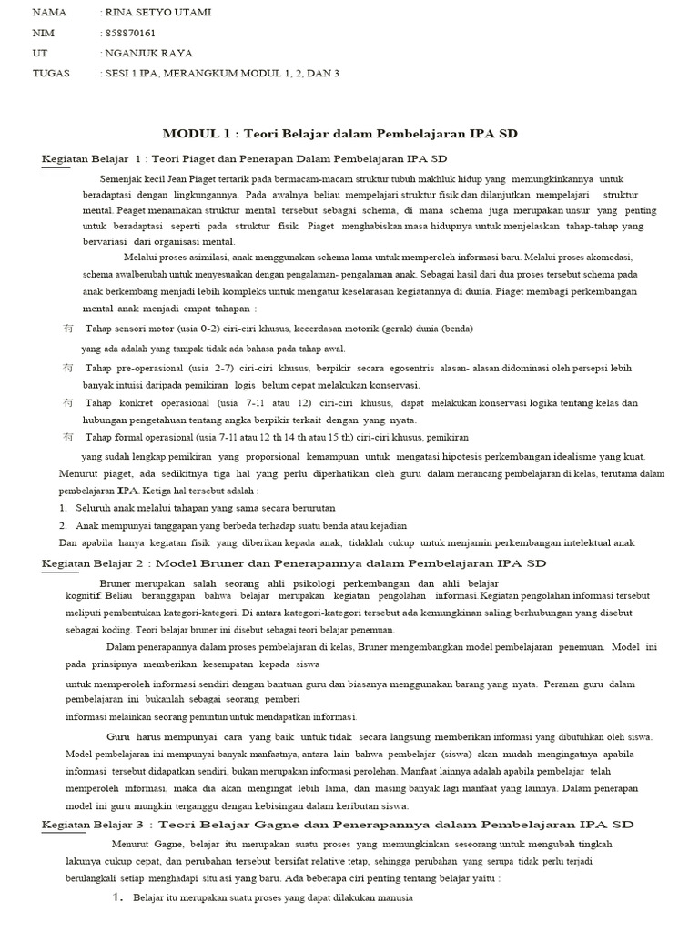 Rangkuman Ipa Modul 1,2,3 - Rina Setyo Utami - Nganjukraya | PDF