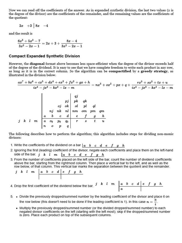Compact Expanded Synthetic Division - Wikipedia | PDF | Computational Science | Algorithms And ...