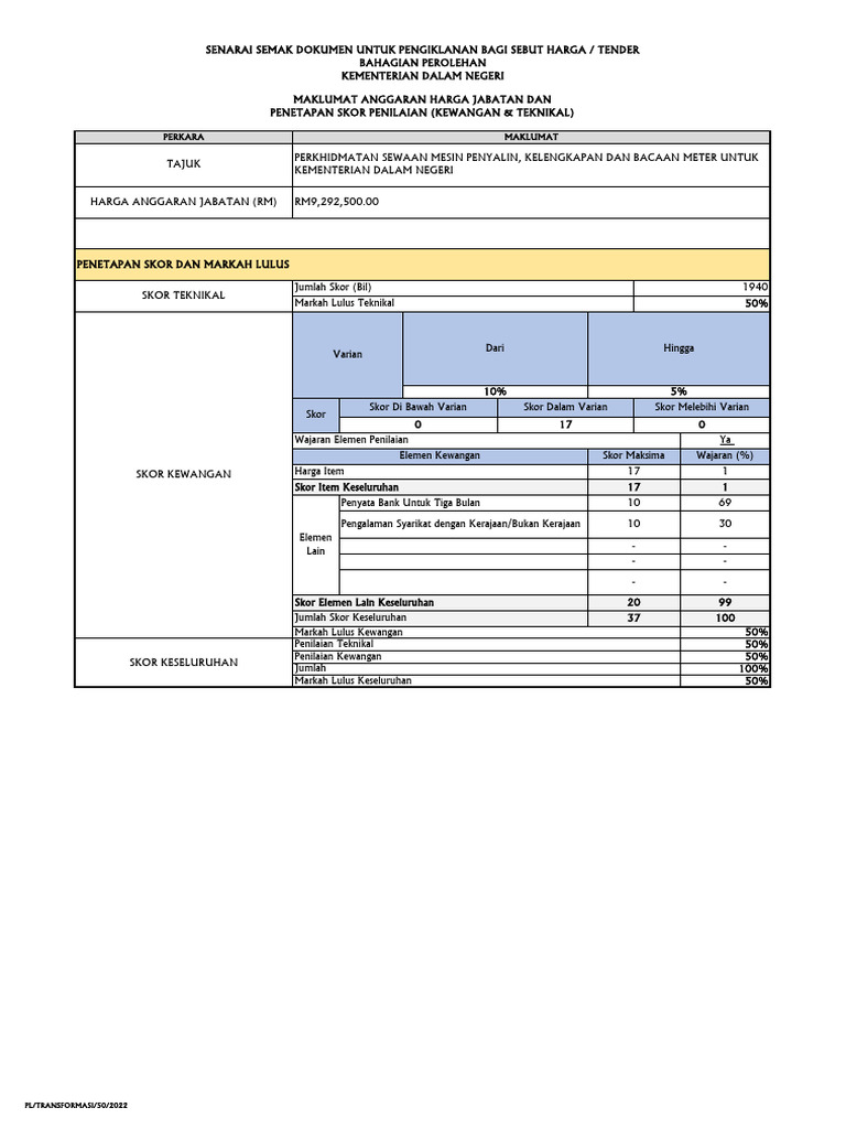 11 - 10 - Maklumat Harga Dan Pemarkahan Penilaian Tender | PDF