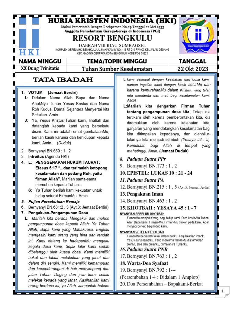 47 Tata Ibadah Minggu 20 Set Trinitatis 22 Okt 2023 | PDF