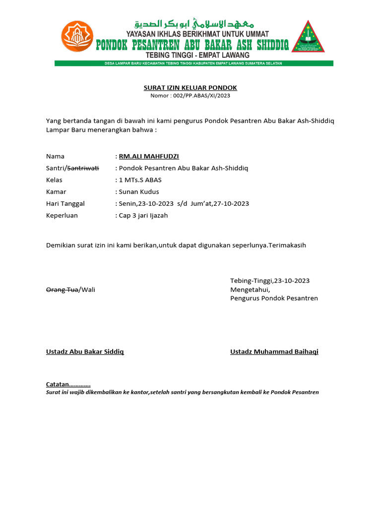 Surat Izin Keluar Pondok | PDF
