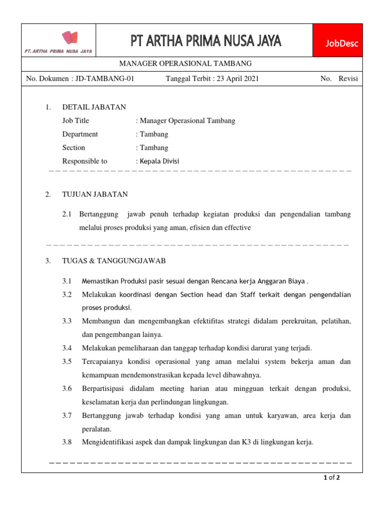 Deskripsi Pekerjaan Manager Tambang | PDF