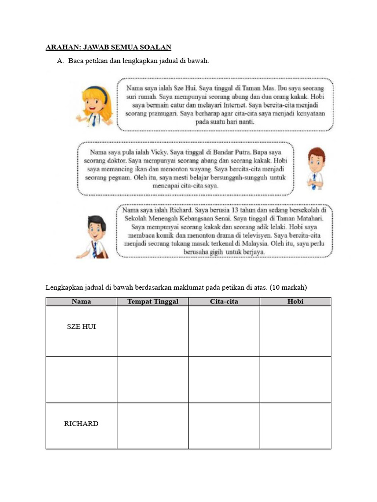 A. Baca Petikan Dan Lengkapkan Jadual Di Bawah.: Arahan: Jawab Semua Soalan | PDF
