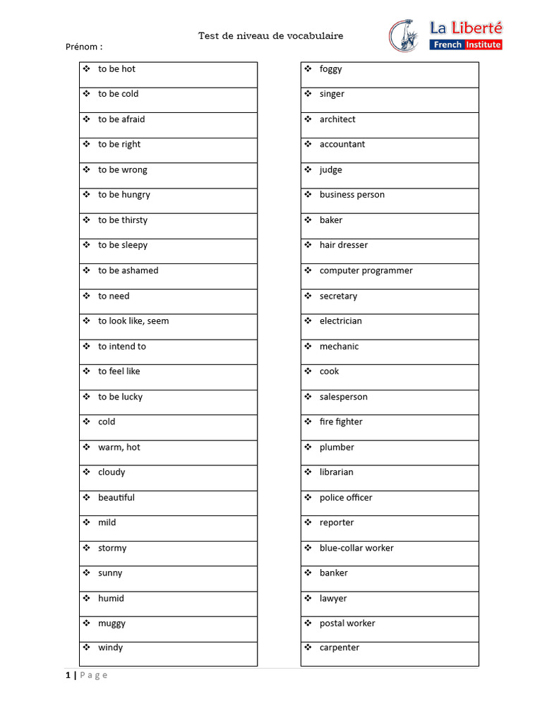 Test de Vocabulaire | PDF | Foods