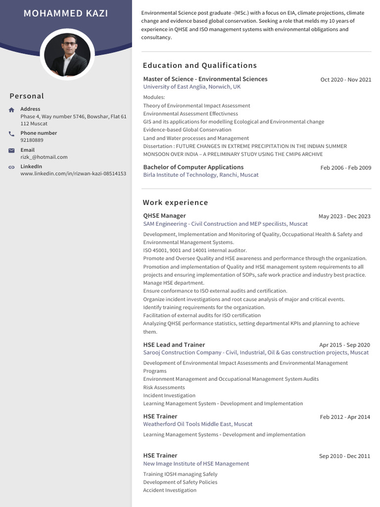 CV Mohammed Kazi | PDF | Environmental Impact Assessment | Environmental Science