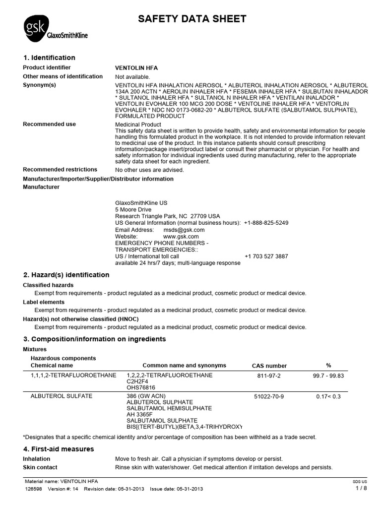 Ventolin HFA Safety Data Sheet | PDF | Dangerous Goods | Packaging And ...