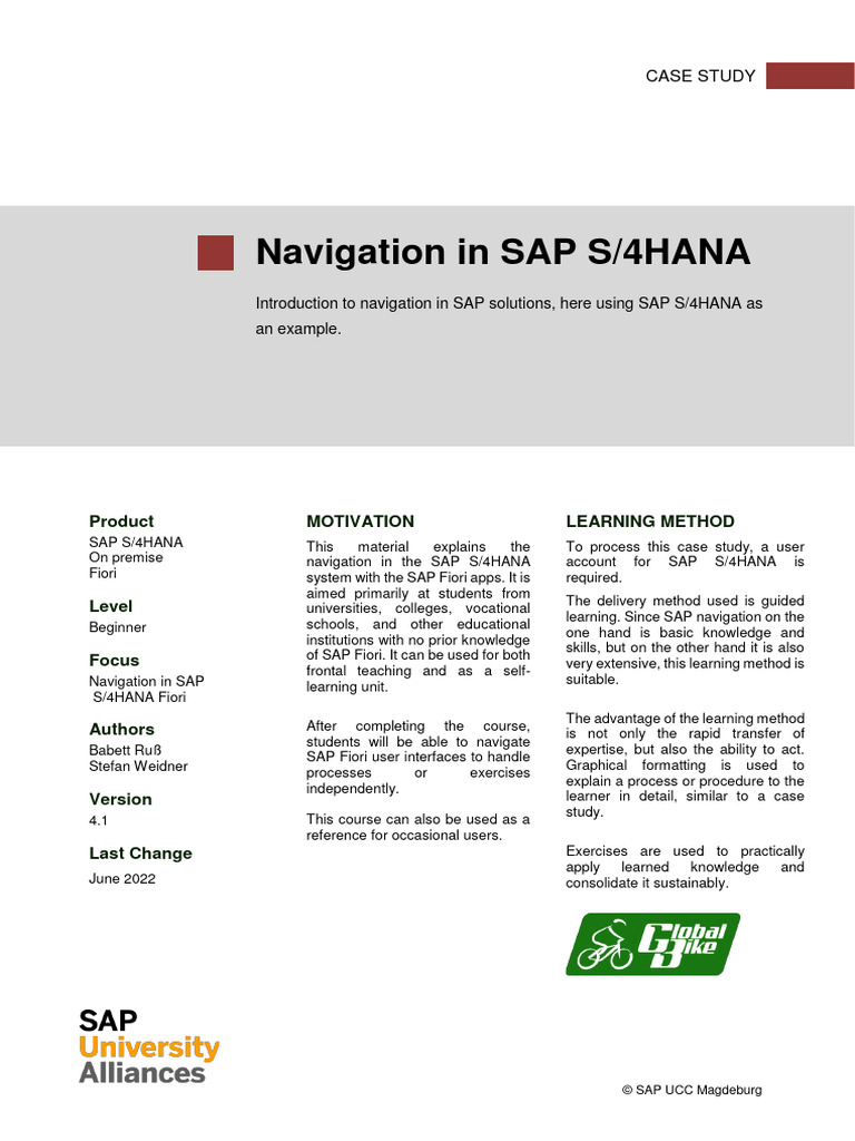 Intro S4HANA Using Global Bike Navigation Course en v4.1 | PDF | Microsoft Excel | Mobile App