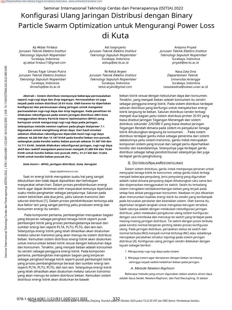 Distribution Network Reconfiguration With Binary Particle Swarm Optimization To .En - Id | PDF