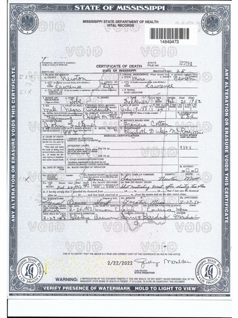 Cert of Death Tobe Falkner | PDF