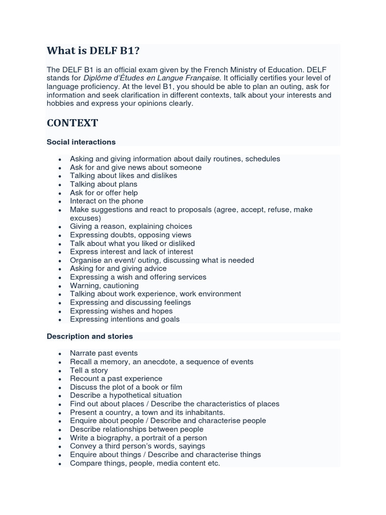 DELF B1 Syllabus | PDF | Grammatical Tense | Human Communication