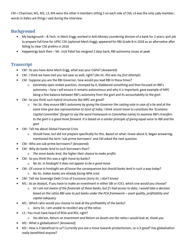 Interview Transcript Pdf Reserve Bank Of India Interest 