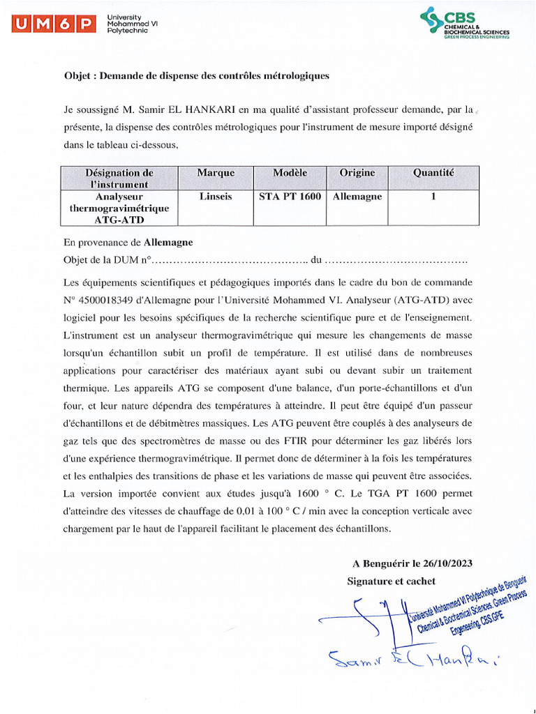 Demande de Dispense Des Controles Métrologiques | PDF