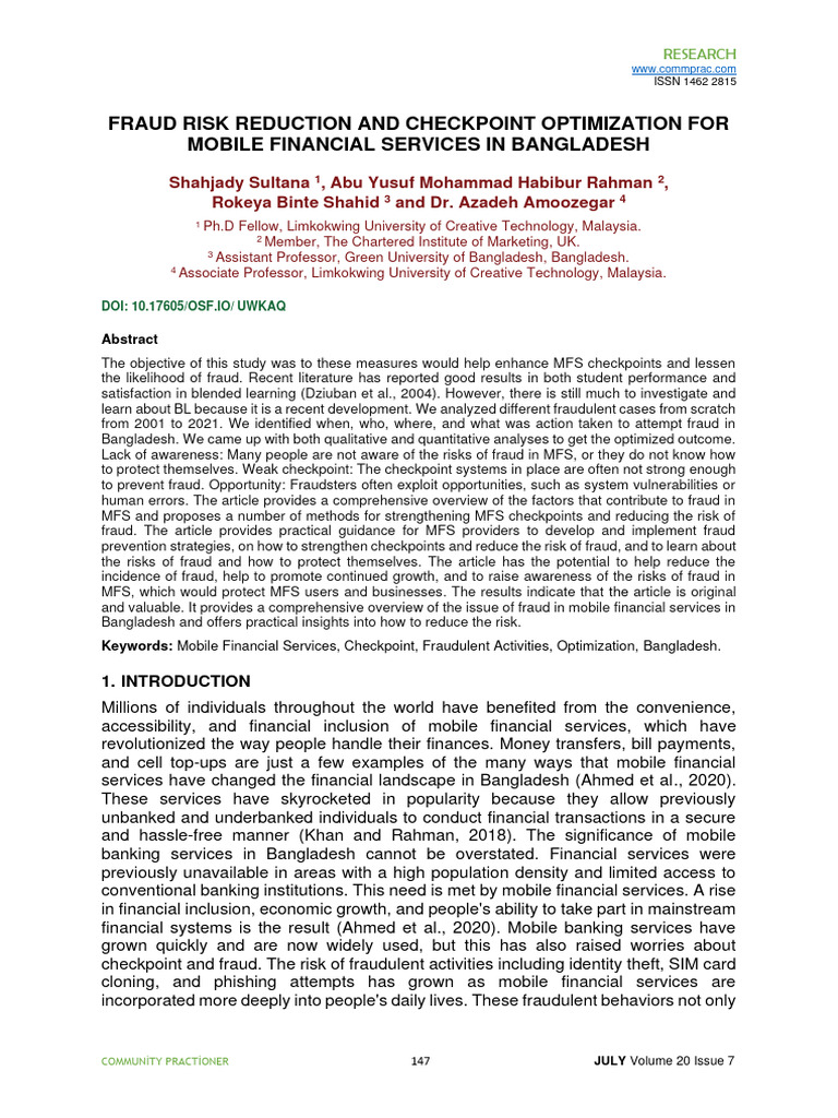 Fraud Risk Reduction and Checkpoint Optimization For Mobile Financial Services in Bangladesh ...