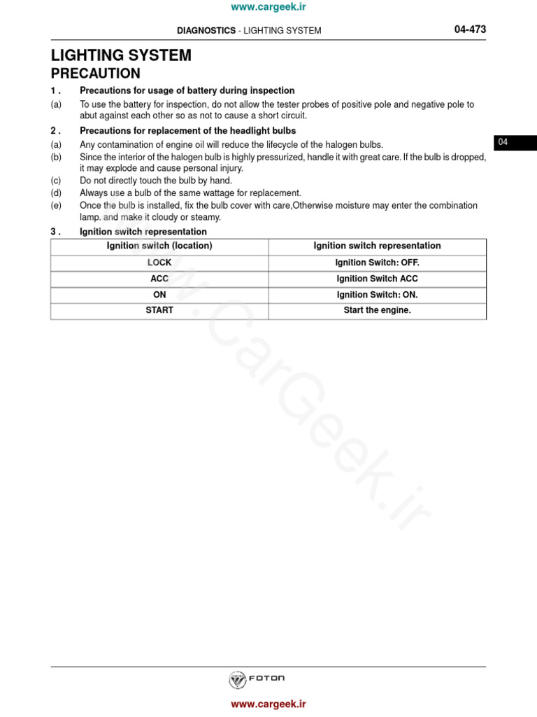 Foton Tunland Lighting System Manual | PDF | Lighting | Switch
