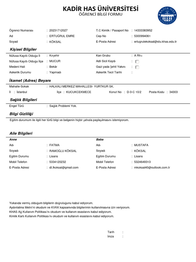 Öğrenci Bilgi Formu: Ki Isel Bilgiler | PDF
