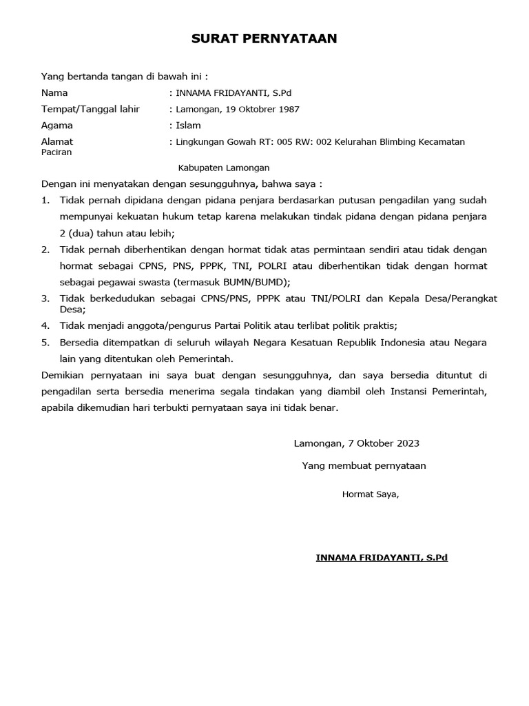 SURAT PERNYATAAN 5 Poin Rida | PDF
