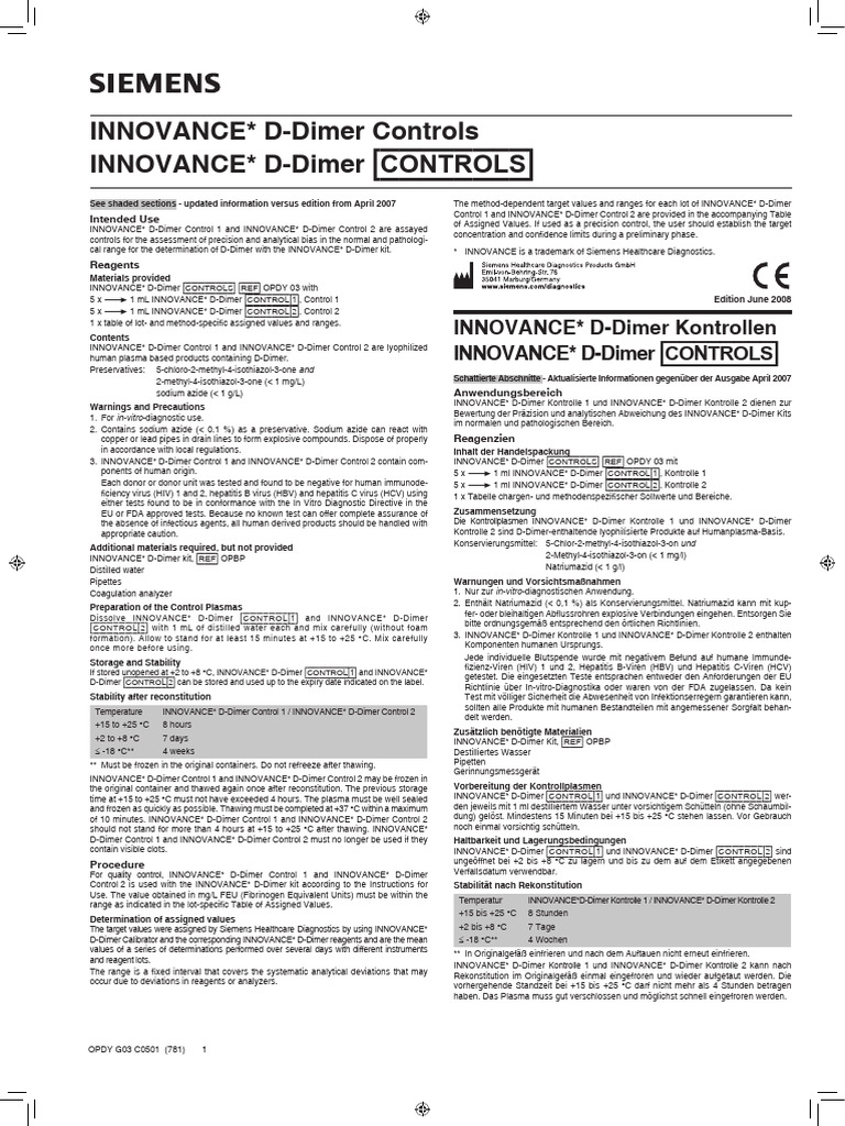Innovance D-Dimer Control Instructions | PDF | Biochemistry | Chemistry