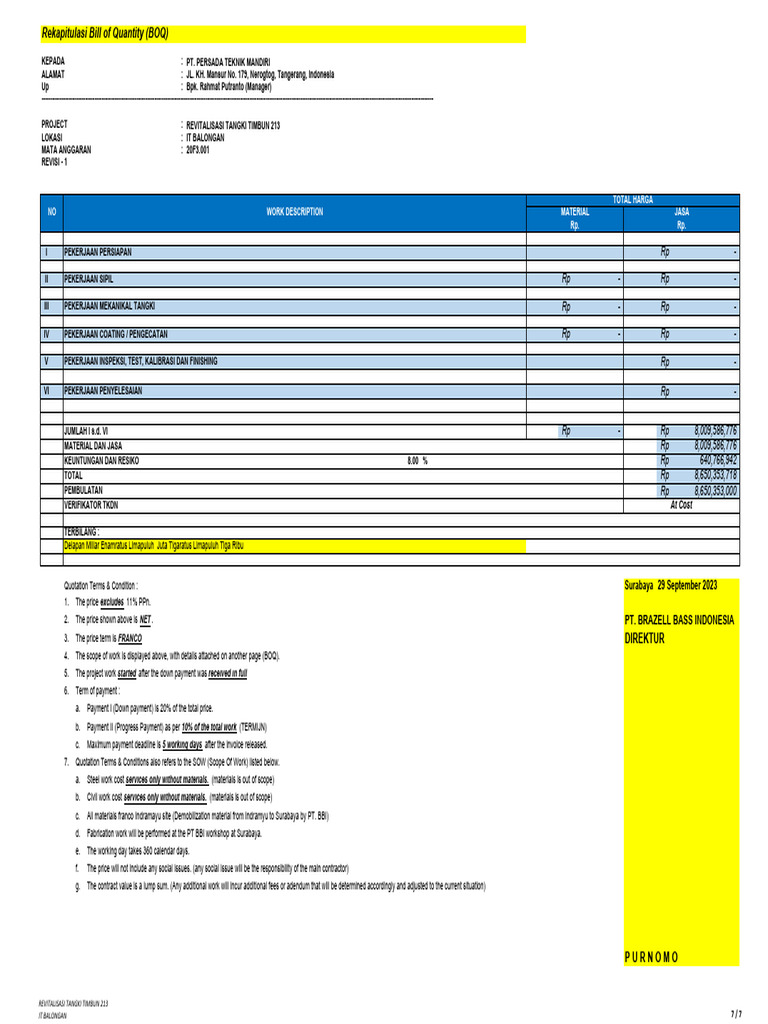 RETENDER BoQ Procurement REVITALISASI TANGKI TIMBUN 213 IT Balongan Rev ...