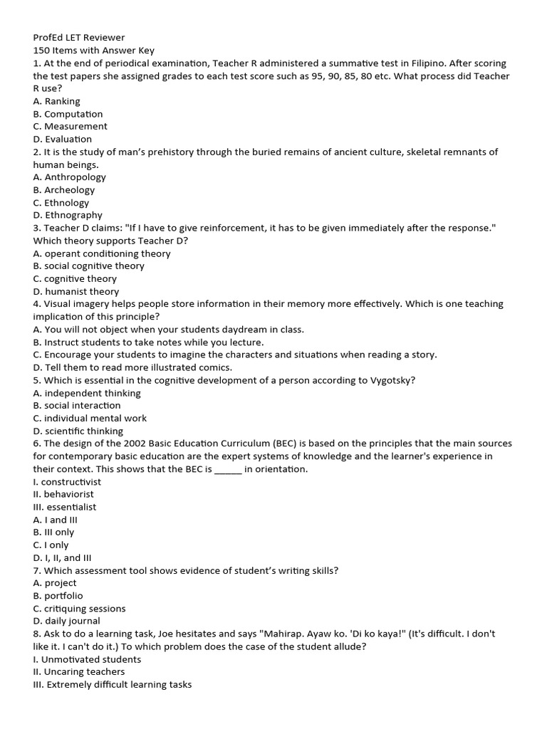 ProfEd LET Reviewer with Answer Key | PDF | Career & Growth | Social ...
