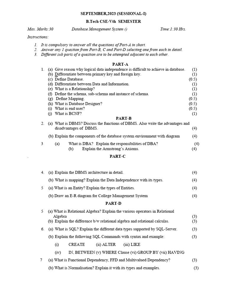 DBMS Q PAPER 1 - Btech5thsem | PDF | Databases | Relational Model