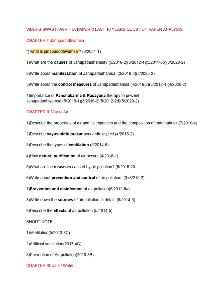 A Wbuhs P2 Swasthavritta Last 10 Years Question Paper Analysis | PDF
